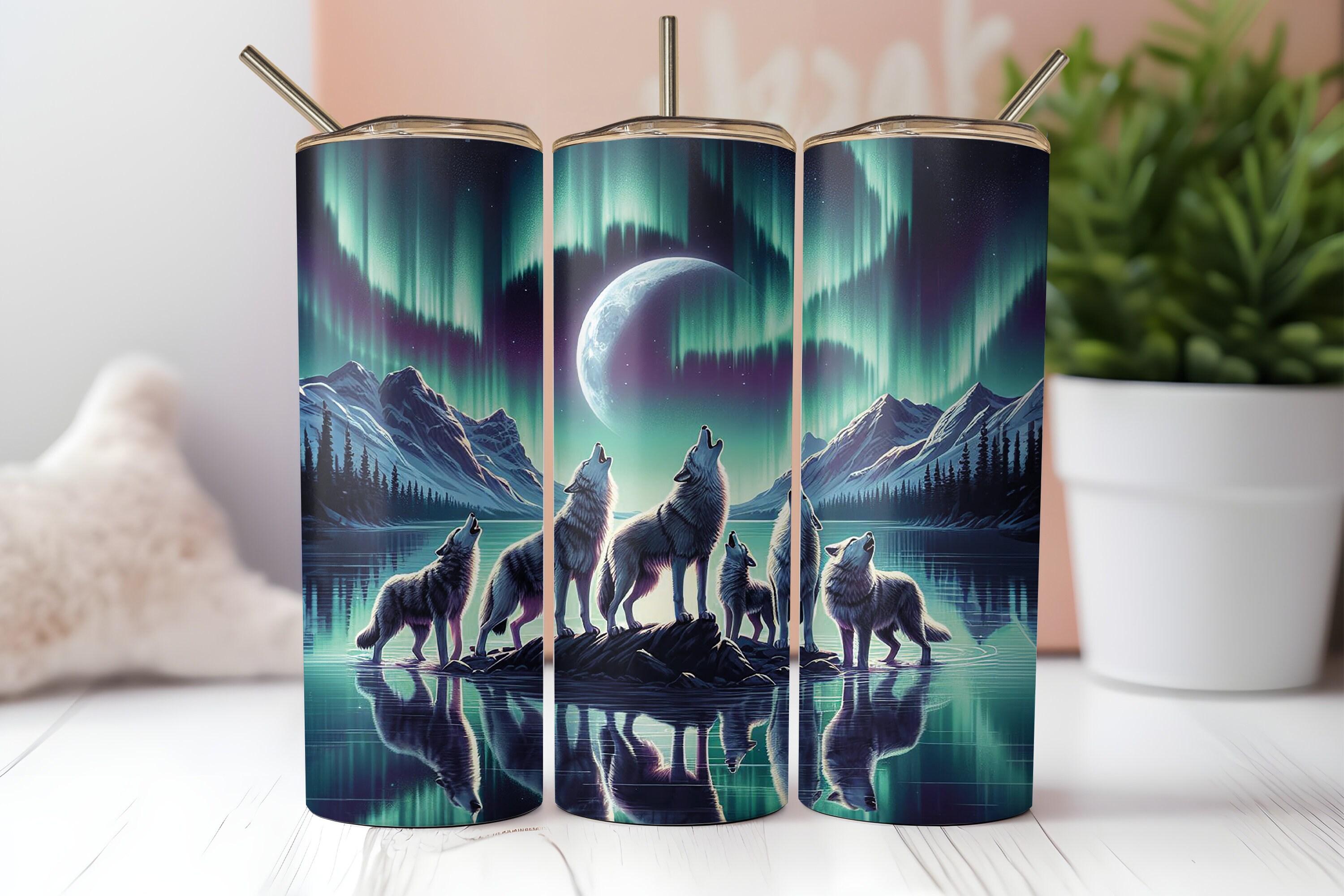 Northern Lights Wolfpack Tumbler Wrap, 20 Oz Skinny Tumbler, Sublimation Design, Wolf Tumbler ...
