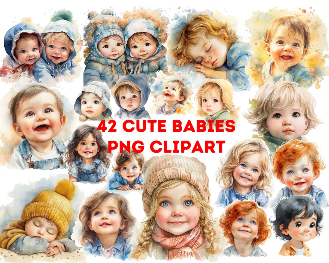 42 Watercolor Cute Babies Clipart, Baby Clip Art Realistic, Smiling ...