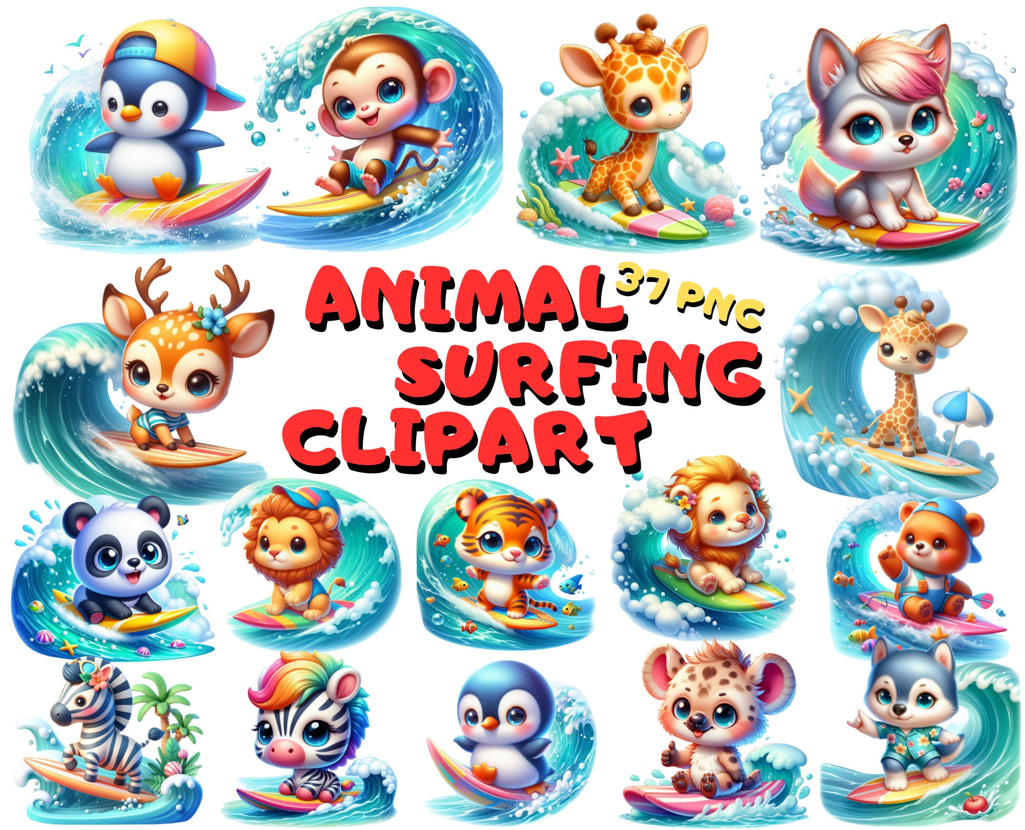 Watercolor Animal Surfing Clipart Cute Animals PNG Summer Animals ...