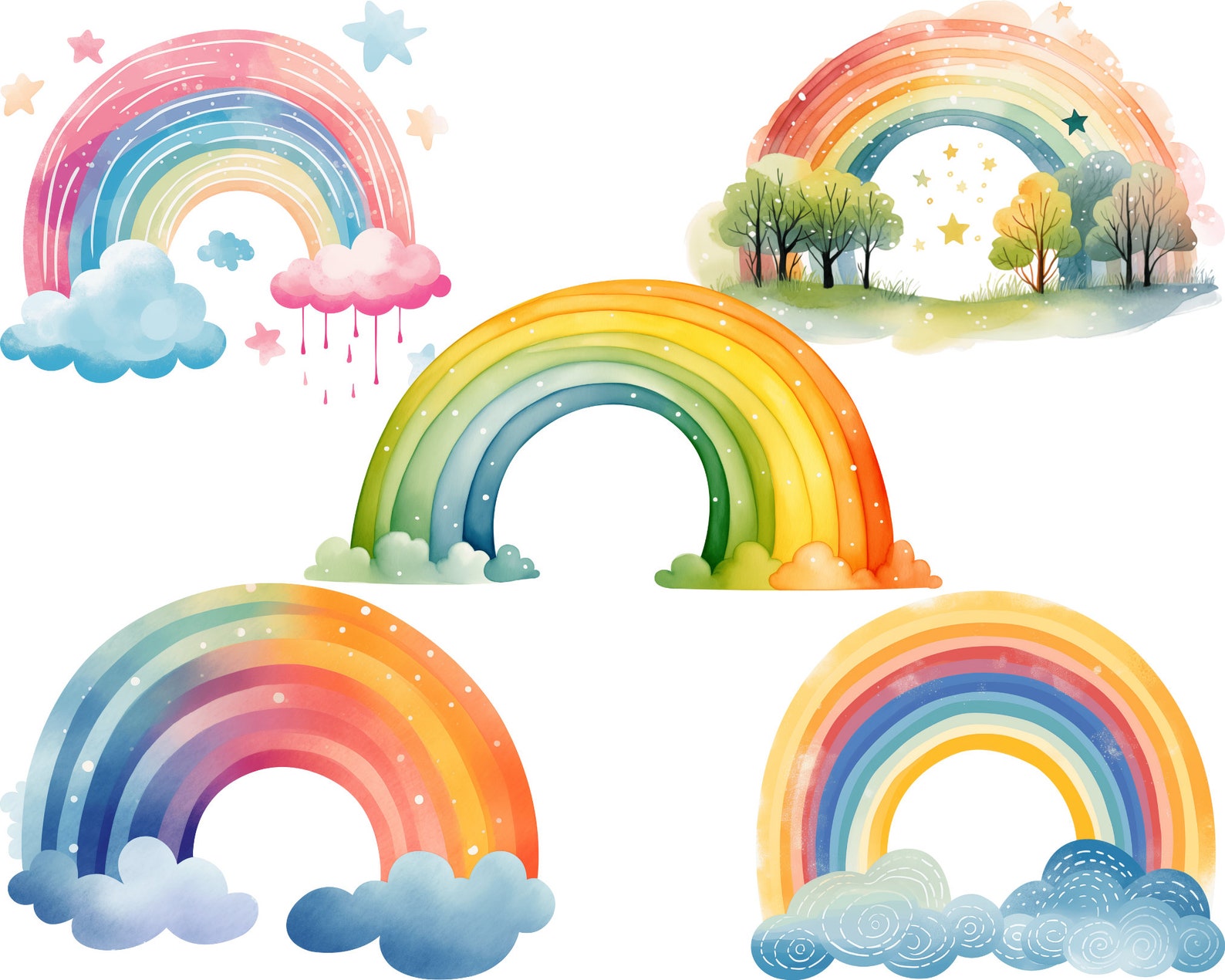 Watercolor Rainbow Clipart Pack, Cute Rainbow Clipart, Watercolor ...