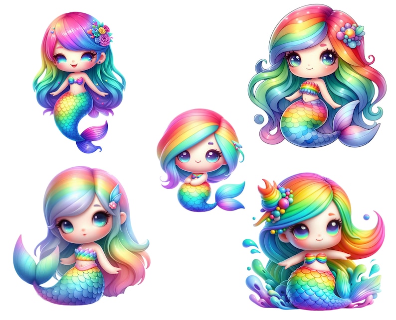 Watercolor Cute Mermaid Clipart Bundle Whimsical Little Mermaid Clipart ...