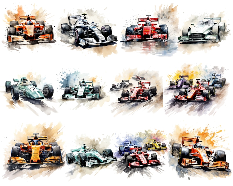 Watercolor Formula 1 Car Clipart, Watercolor F1 Snapshot PNG Bundle, F1 ...