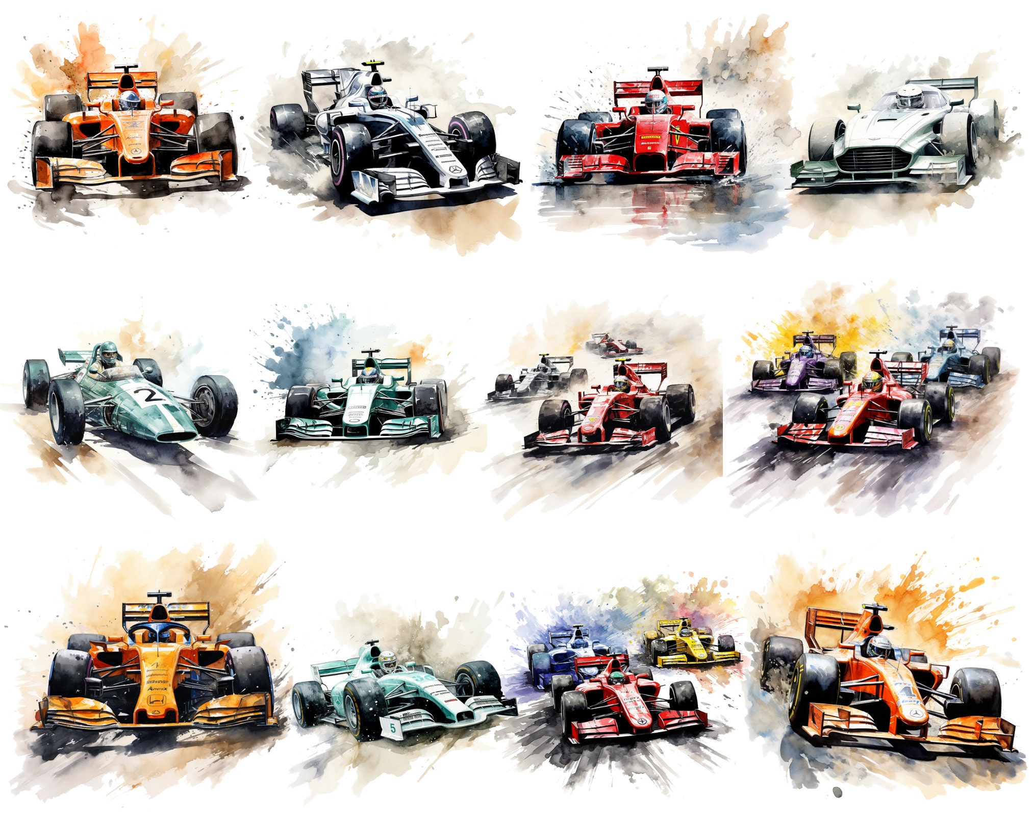 Watercolor Formula 1 Car Clipart, Watercolor F1 Snapshot PNG Bundle, F1 ...