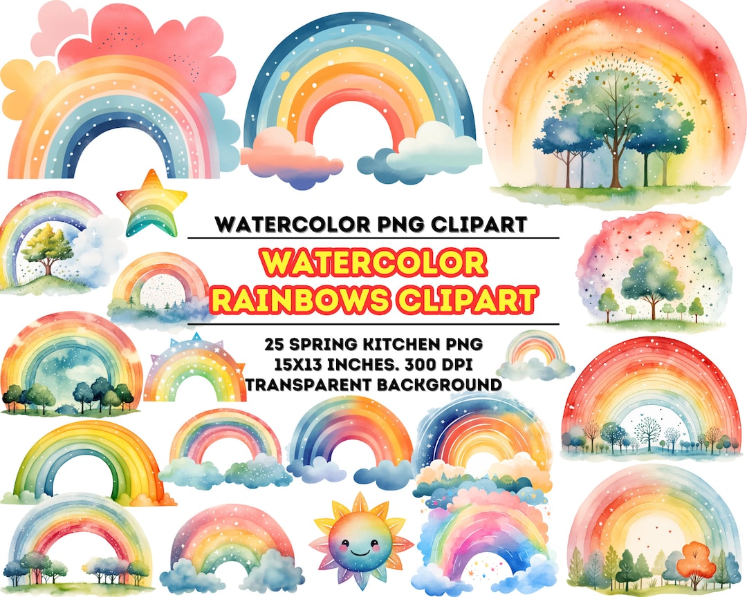 Watercolor Rainbow Clipart Pack, Cute Rainbow Clipart, Watercolor ...