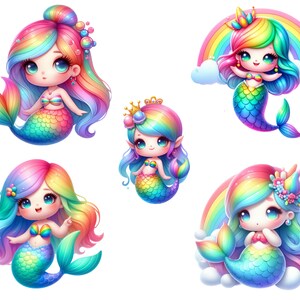 Watercolor Cute Mermaid Clipart Bundle Whimsical Little Mermaid Clipart ...