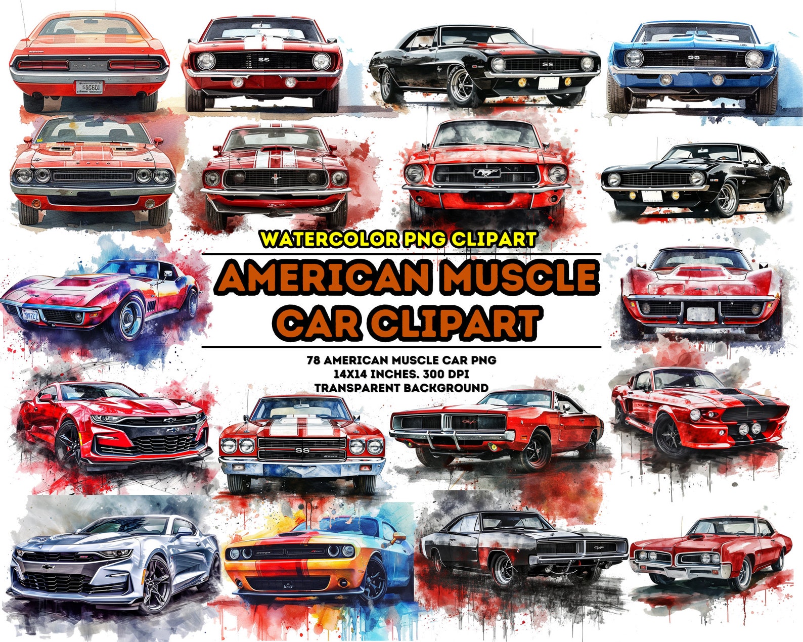 78 Watercolor American Muscle Car, Art Vintage Car Clipart, Classic ...