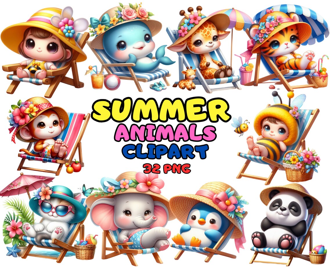 Summer Animals Beach Clipart: Watercolor Vacation PNG (32 Images) - Etsy