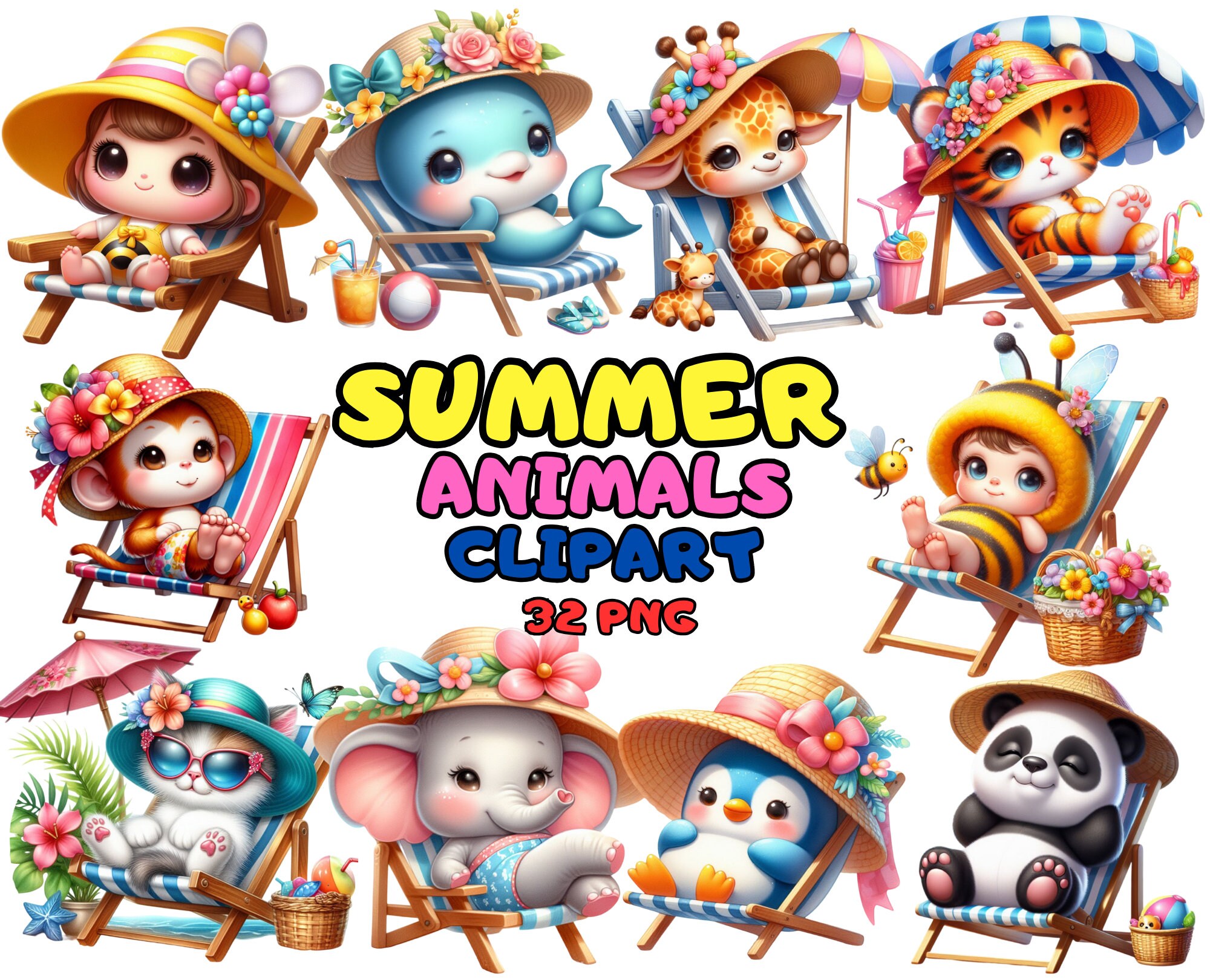 Summer Animals Relaxing Clipart Watercolor Clipart Animal Clipart ...