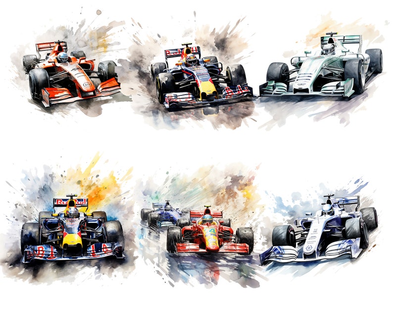 Watercolor Formula 1 Car Clipart, Watercolor F1 Snapshot PNG Bundle, F1 ...