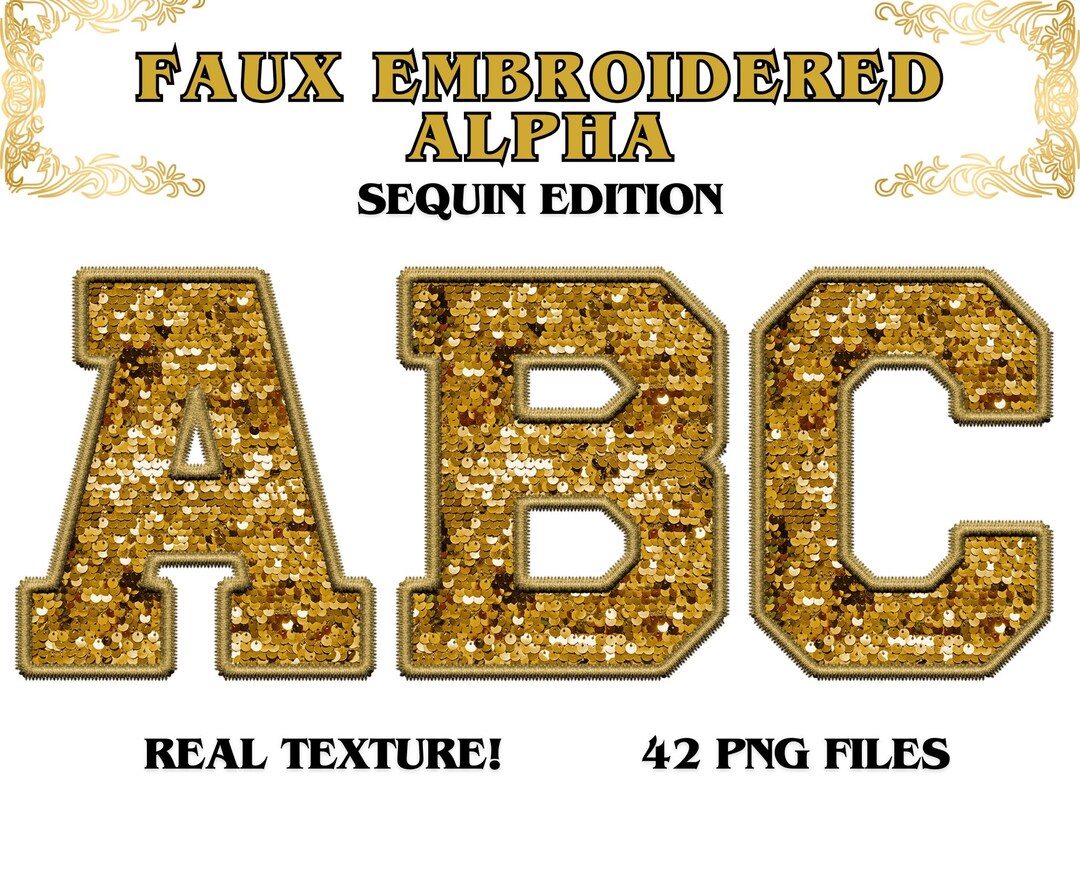 Faux Embroidered Sequin PNG Alphabet Set, Gold Sequin, Gold Faux Sequin ...
