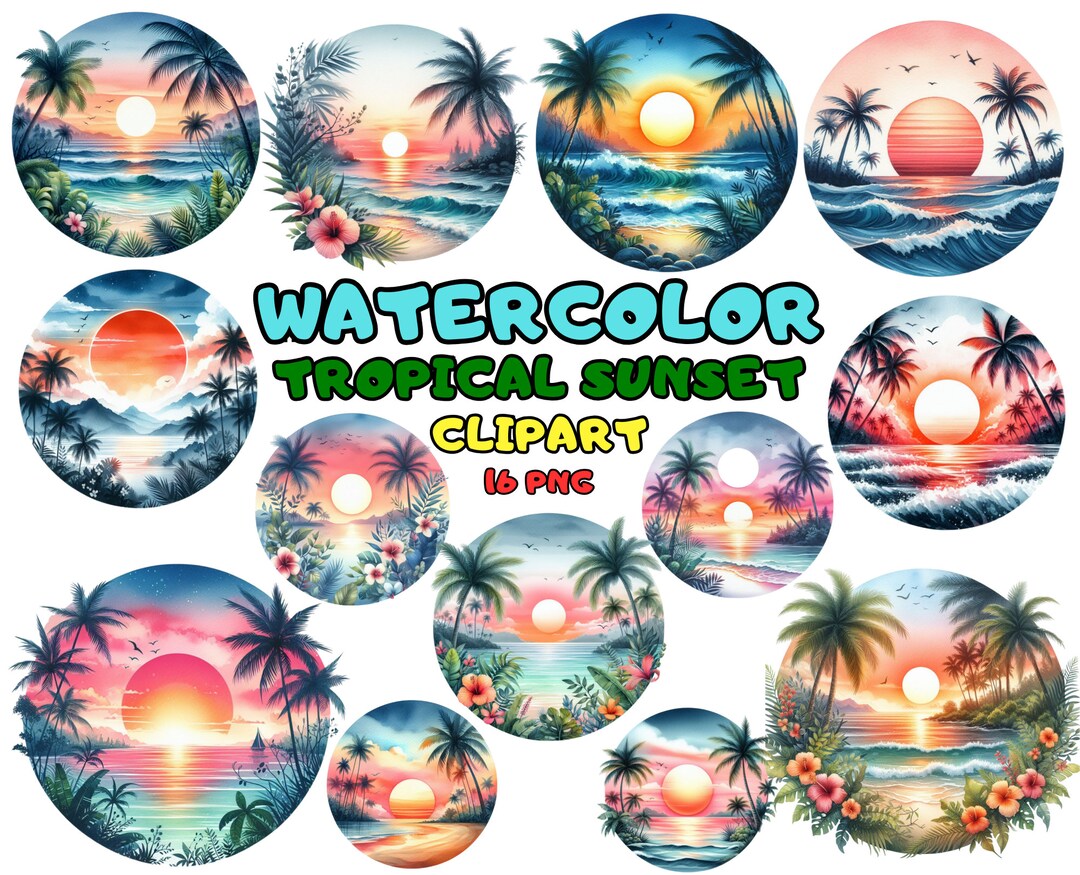 Watercolor Tropical Sunsets Clipart, Digital Graphics, Beach Landscape ...