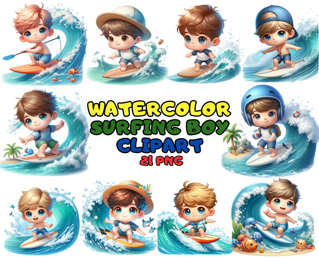 Watercolor Surfing Boy Clipart: Summer Beach Illustrations (PNG) - Etsy