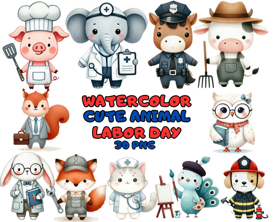 Watercolor Labor Day Animals Clipart: Patriotic PNG Images (digital ...