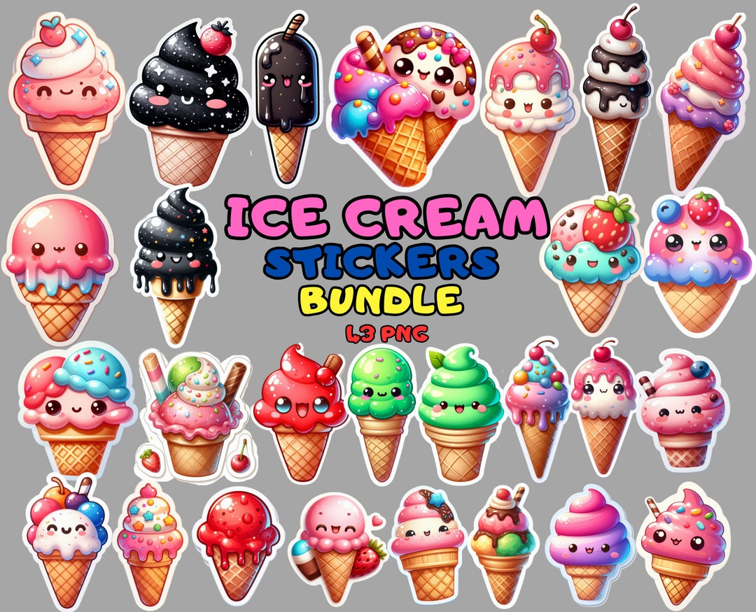 Cute Ice Cream Stickers PNG Bundle, Kawaii Dessert Clipart Bundle ...
