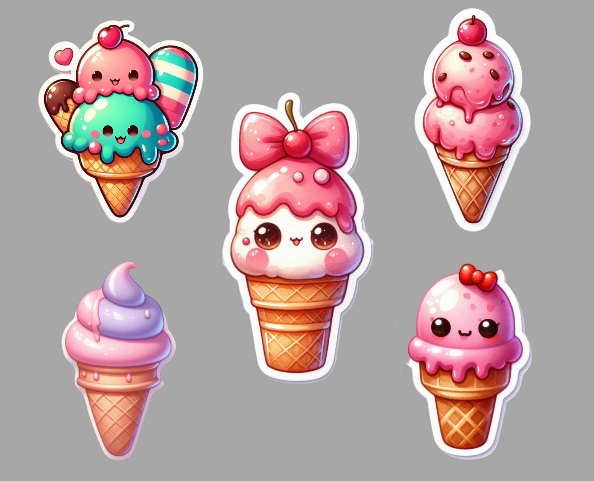 Cute Ice Cream Stickers PNG Bundle, Kawaii Dessert Clipart Bundle ...