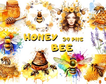 Watercolor Honey Bee Clipart, Spring Garden Bee and Honey Drips Clip ...