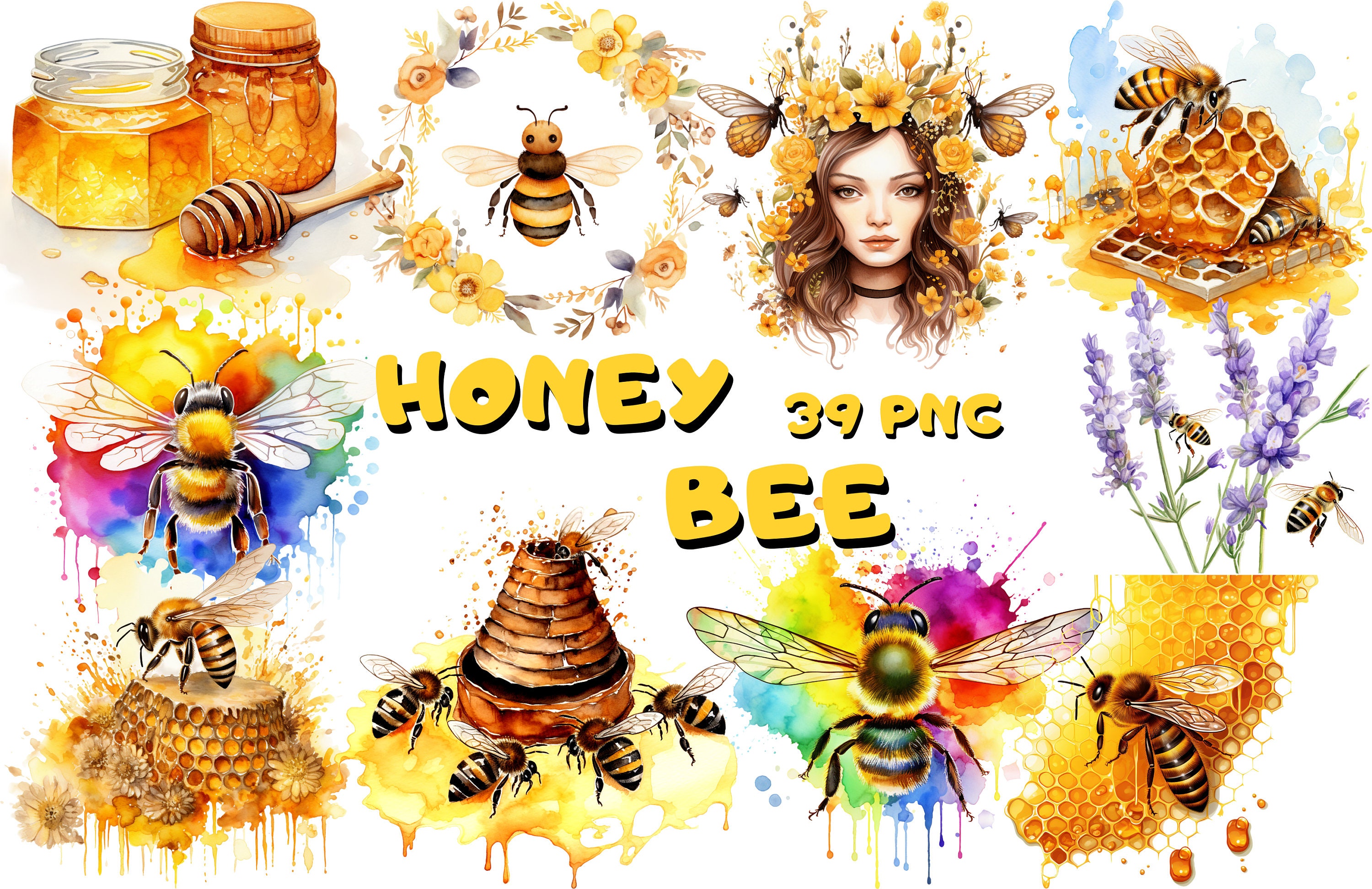 Watercolor Honey Bee Clipart: Spring Garden PNG Graphics (digital ...