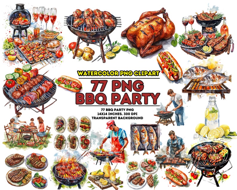Watercolor BBQ Party Clipart Backyard BBQ Grill, American Culture ...