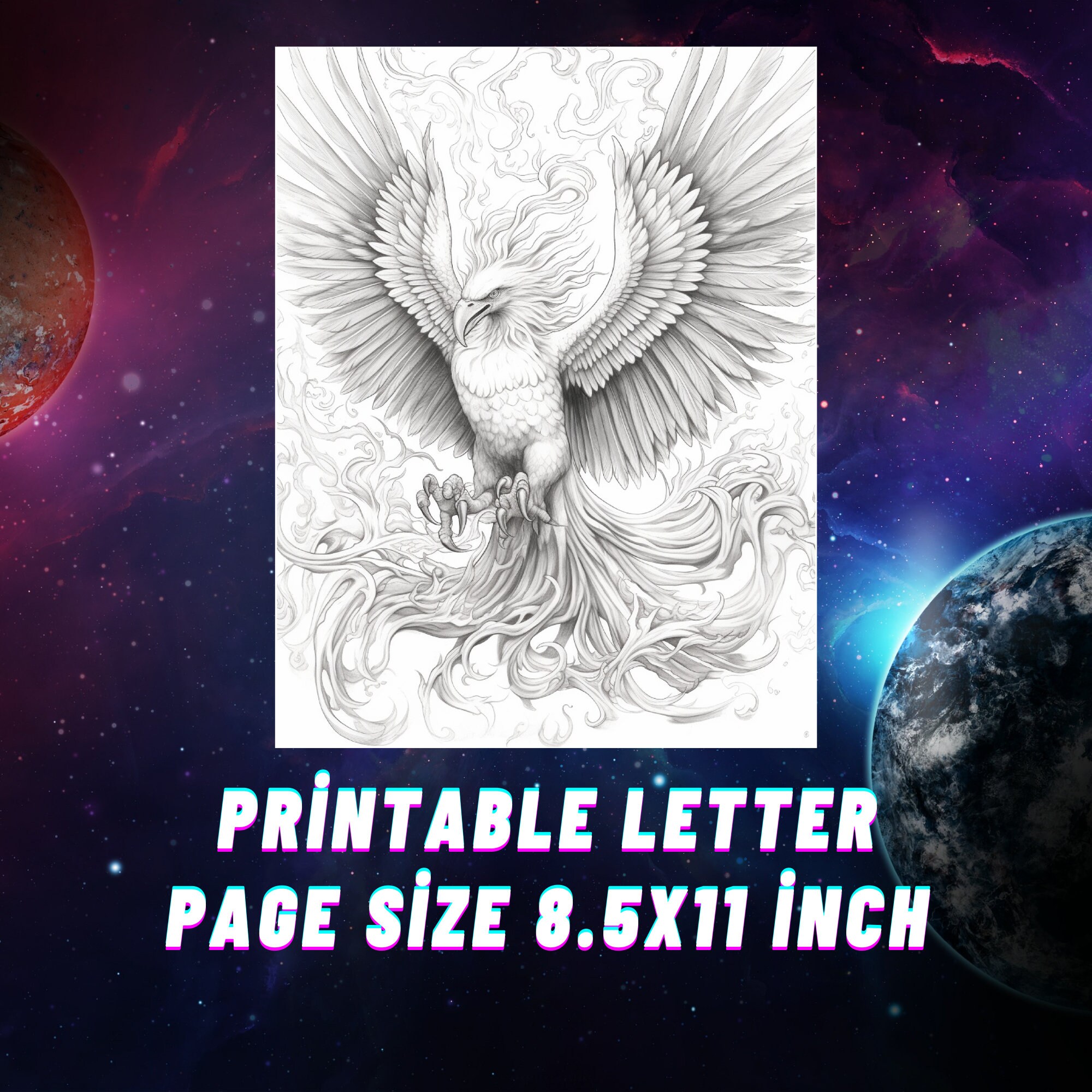 65 Grayscale PHOENIX, MYTHICAL CREATURES Coloring Book Printable Adult ...