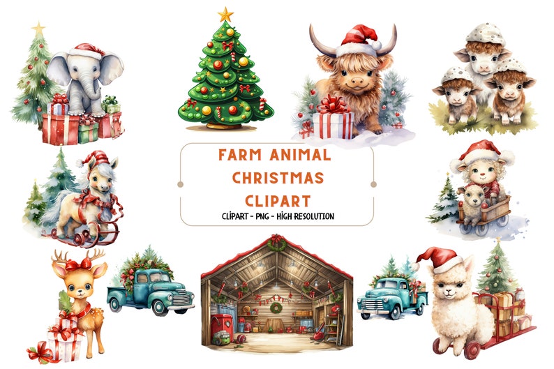 20 Christmas Farm Animals Clipart Watercolor Farm Animals Christmas ...