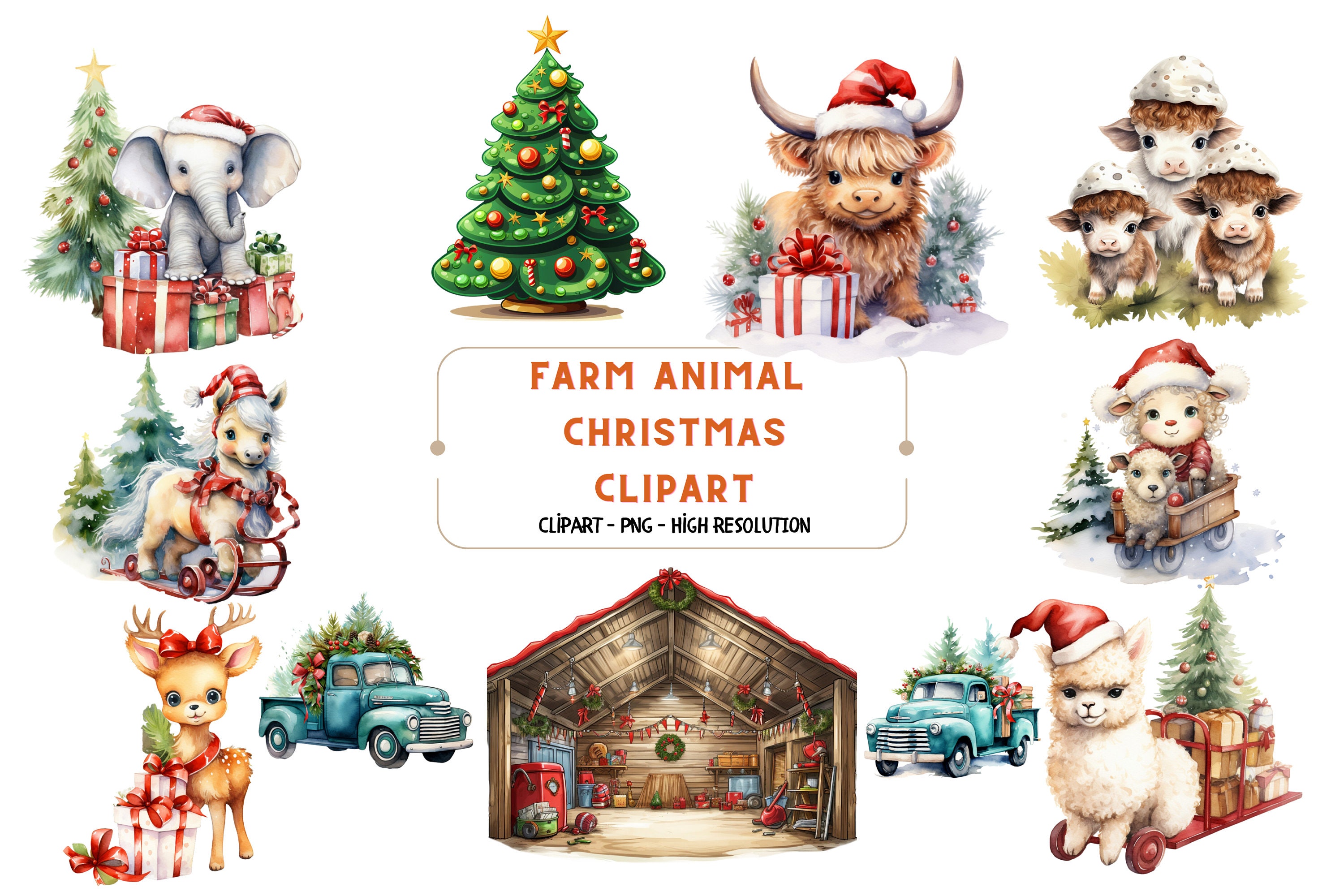 20 Christmas Farm Animals Clipart Watercolor Farm Animals Christmas ...