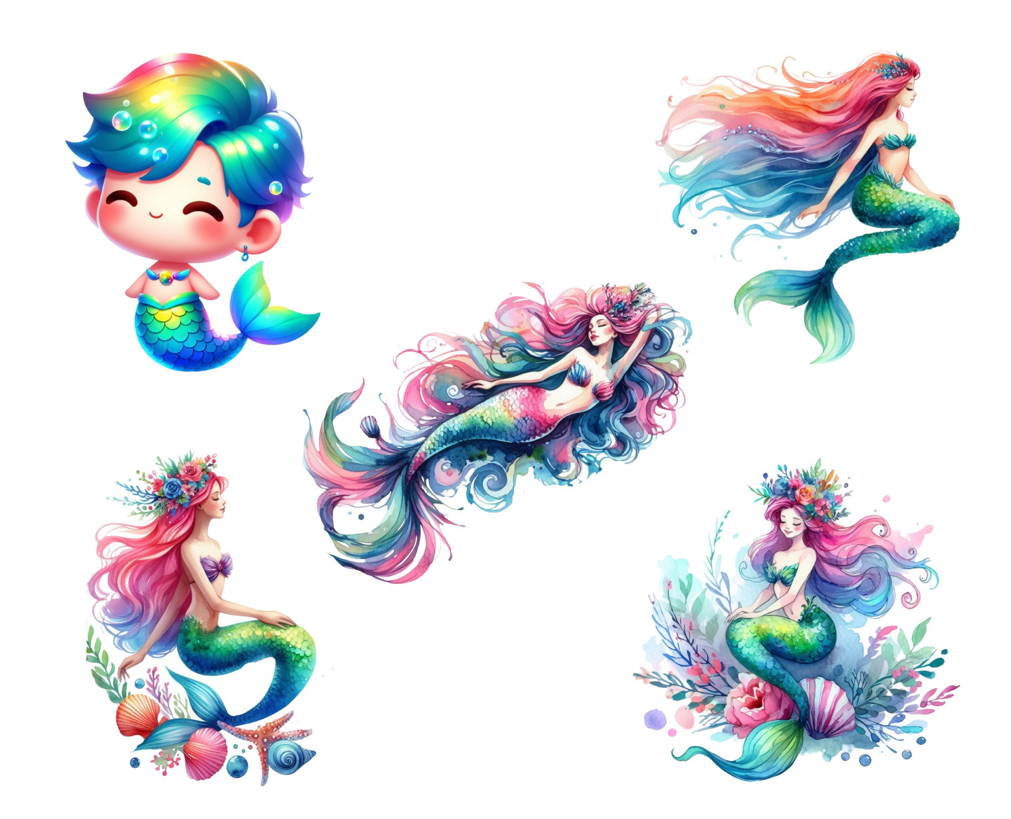 Little Mermaids Clipart, Cute Mermaid PNG, Pink Mermaid Under the Sea ...