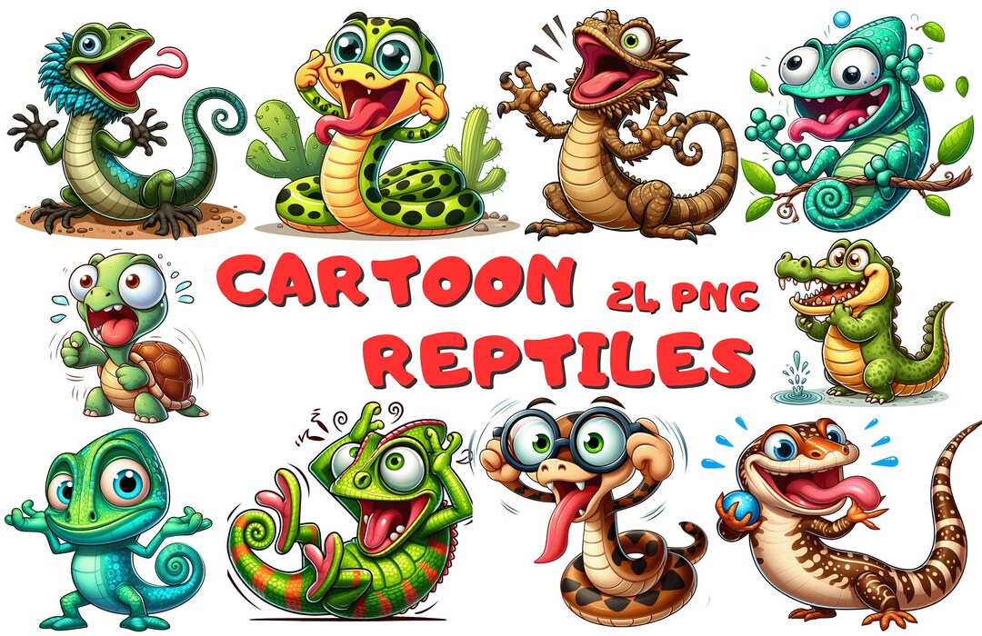 Funny Cartoon Reptiles Clipart, Animal Illustrations (PNG, Instant ...