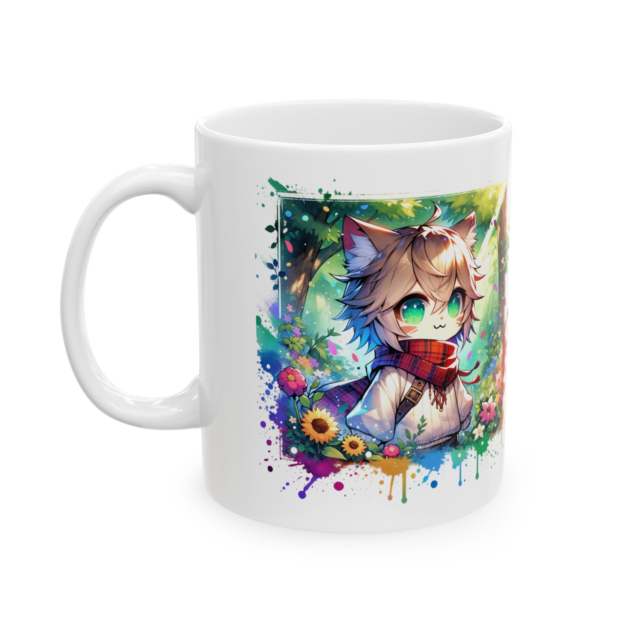 Whiskered Wanderer: Enchanting Anime Cat Mug Amidst Forest Blooms ...