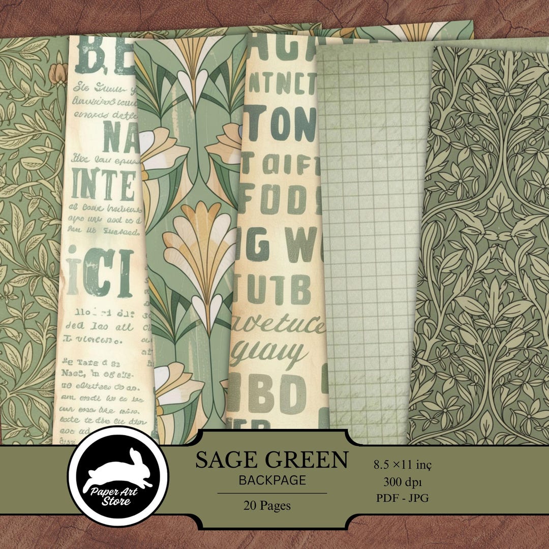 Sage Green Backpage- Botanical Papers, Vintage Documents, Book of ...