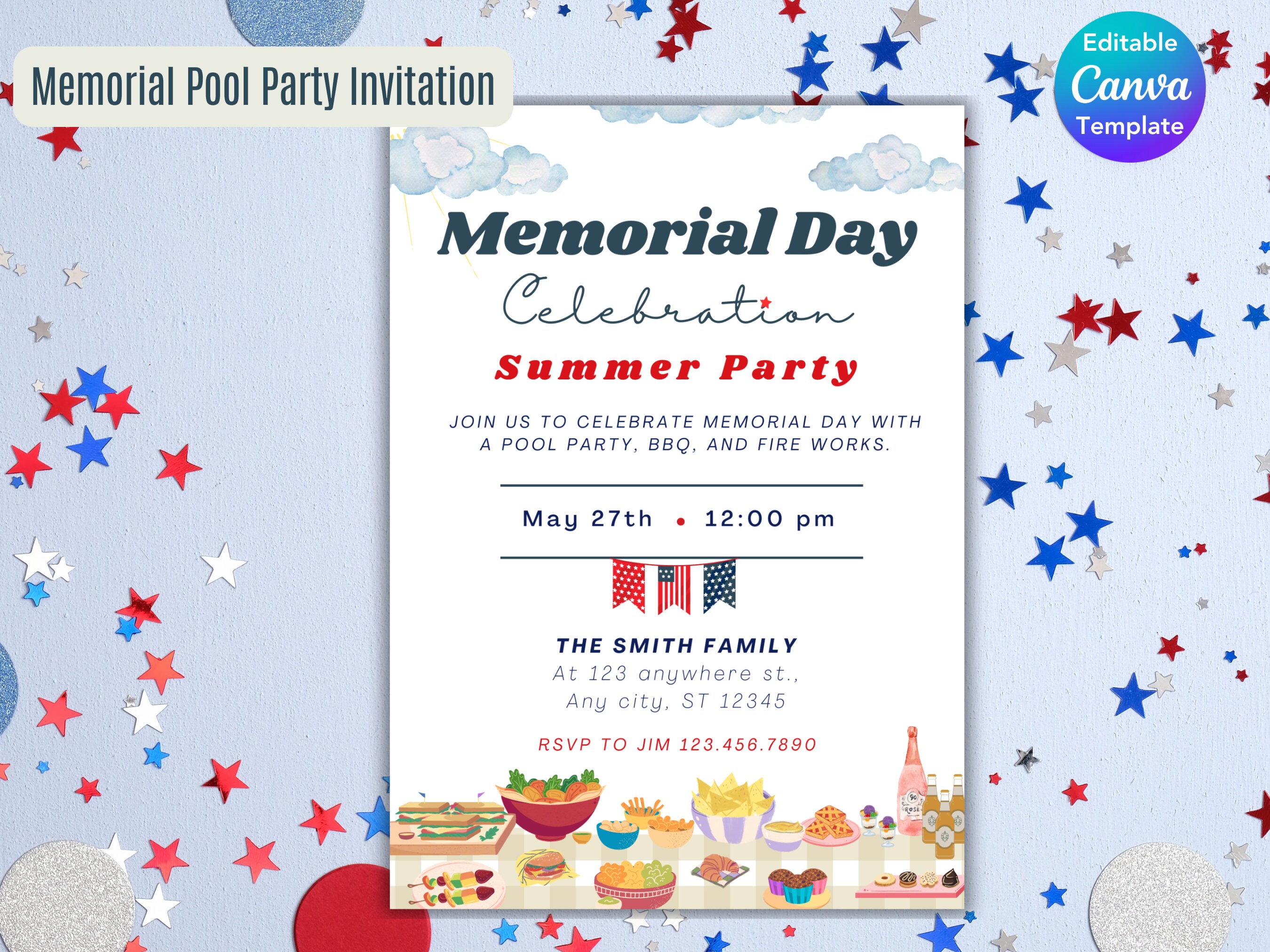 Memorial Day Pool Party Invitation, Cookout Flyer, Memorial Day Picnic ...