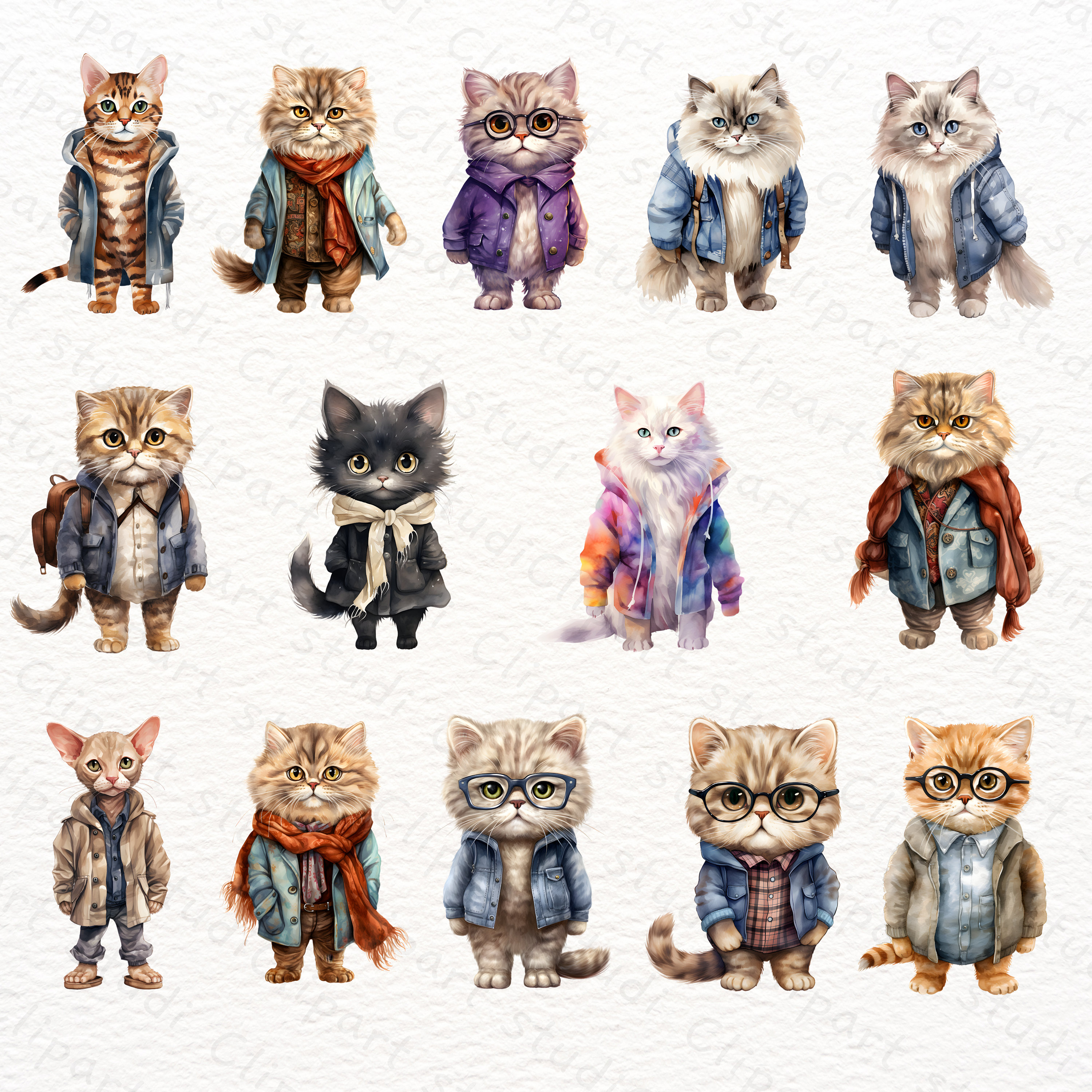 Cute Watercolor Cat Clipart, Cats Png Bundle, Watercolor Cat Png ...