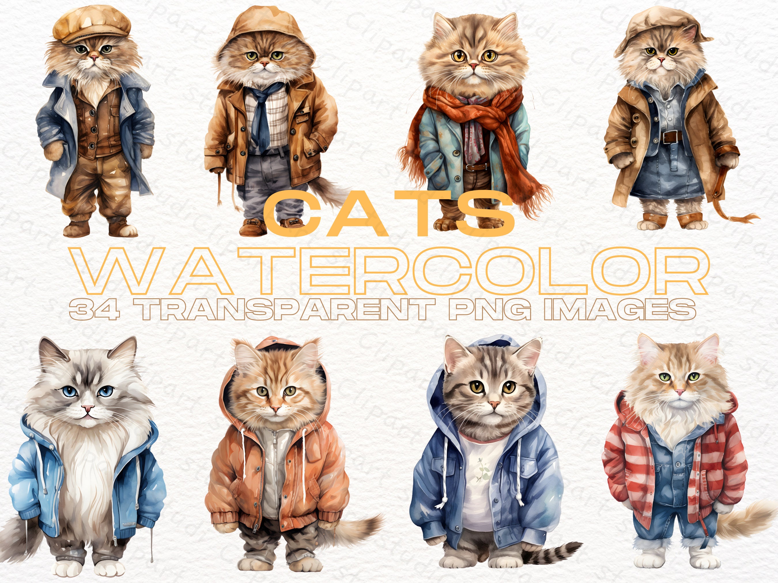 Cute Watercolor Cat Clipart, Cats Png Bundle, Watercolor Cat Png ...