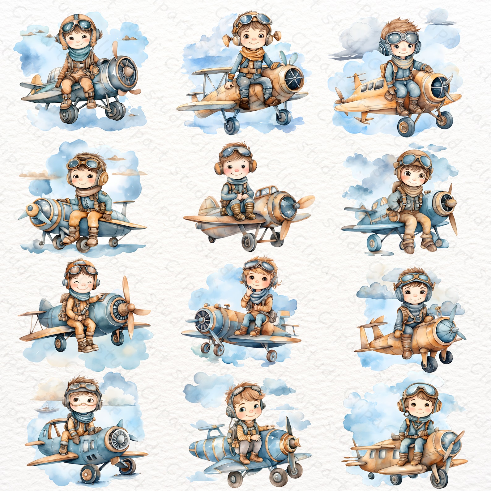 Little Pilot Clipart, Watercolor Clipart, Aviator Clipart, Airplane ...