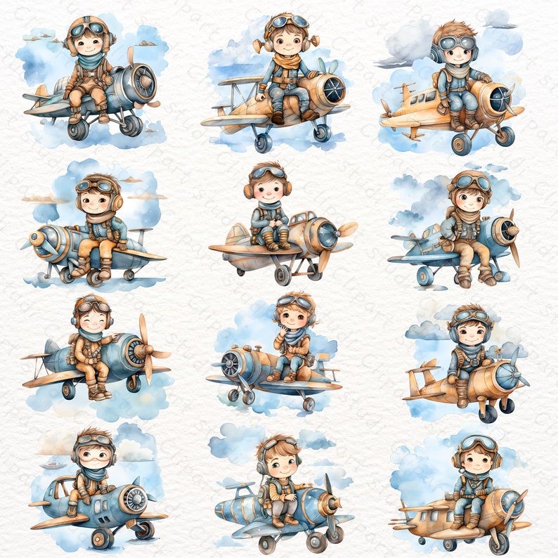 Little Pilot Clipart, Watercolor Clipart, Aviator Clipart, Airplane ...
