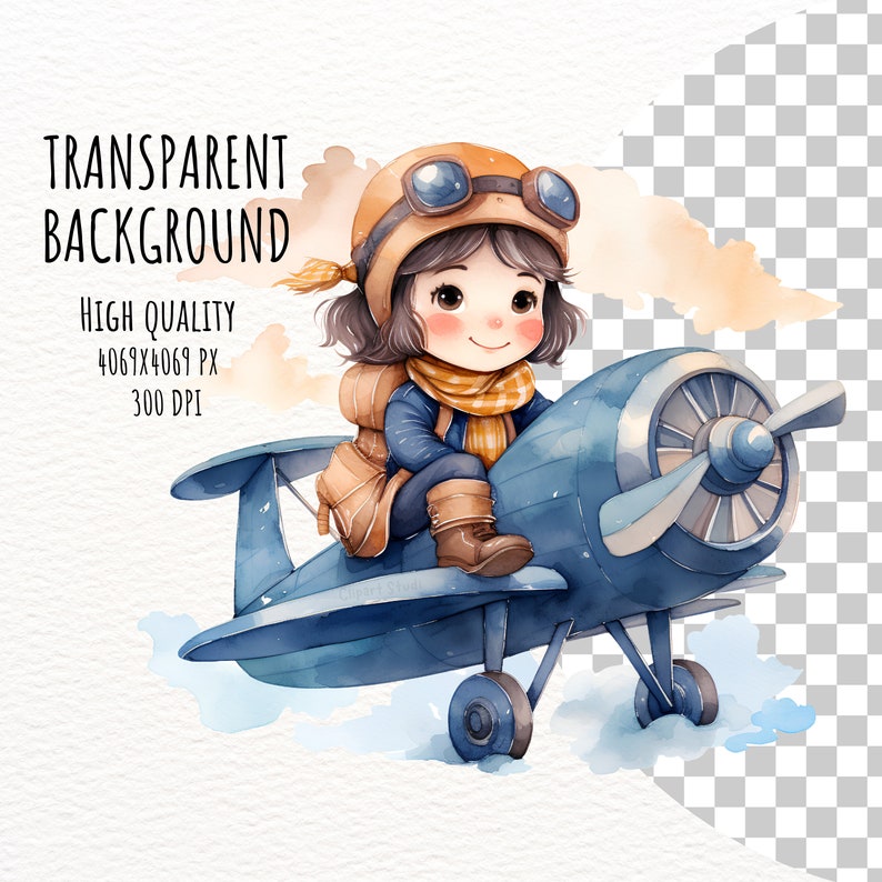 Little Girl Pilot Clipart, Watercolor Clipart, Aviator Clipart ...