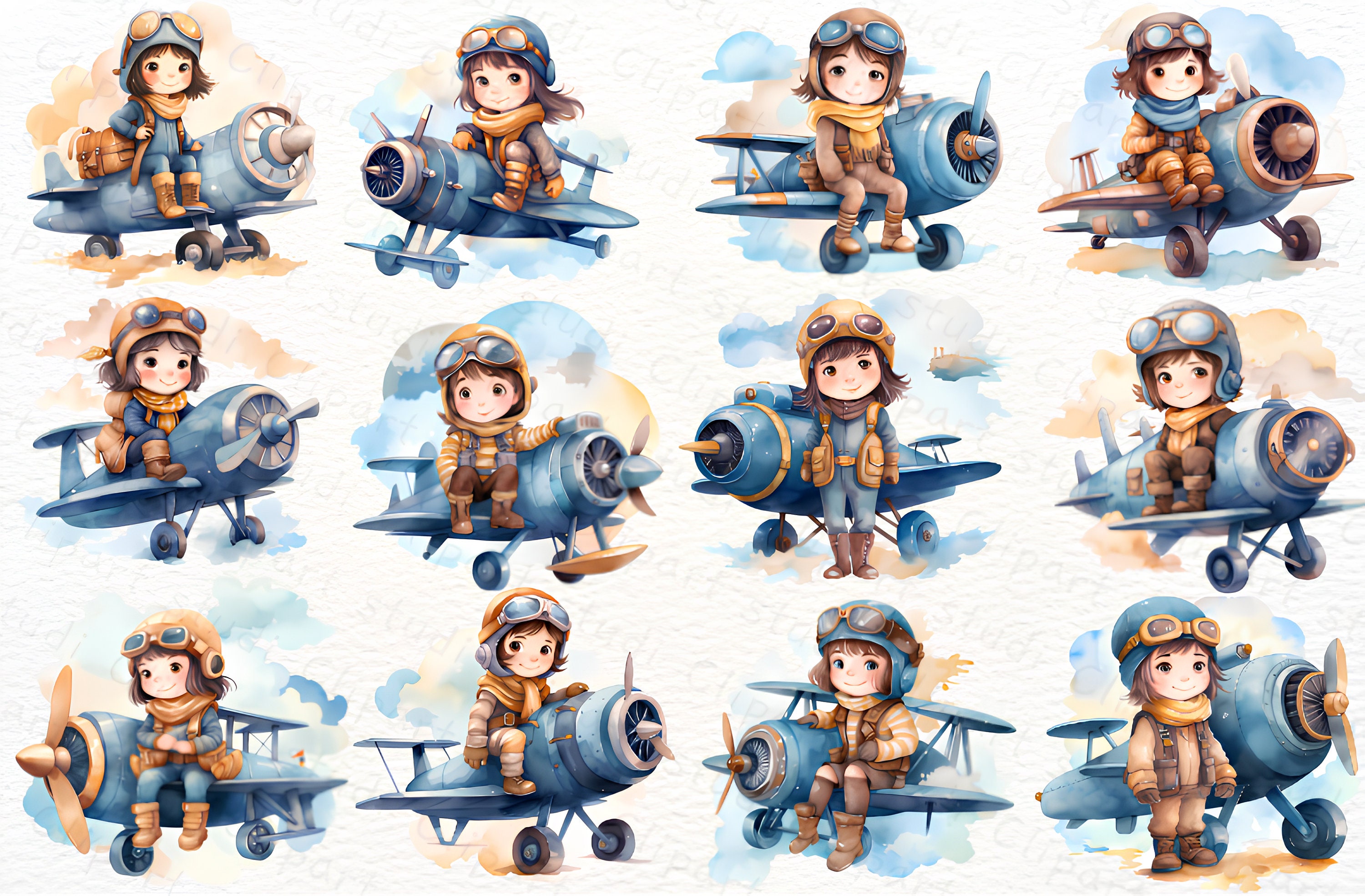 Little Girl Pilot Clipart, Watercolor Clipart, Aviator Clipart ...