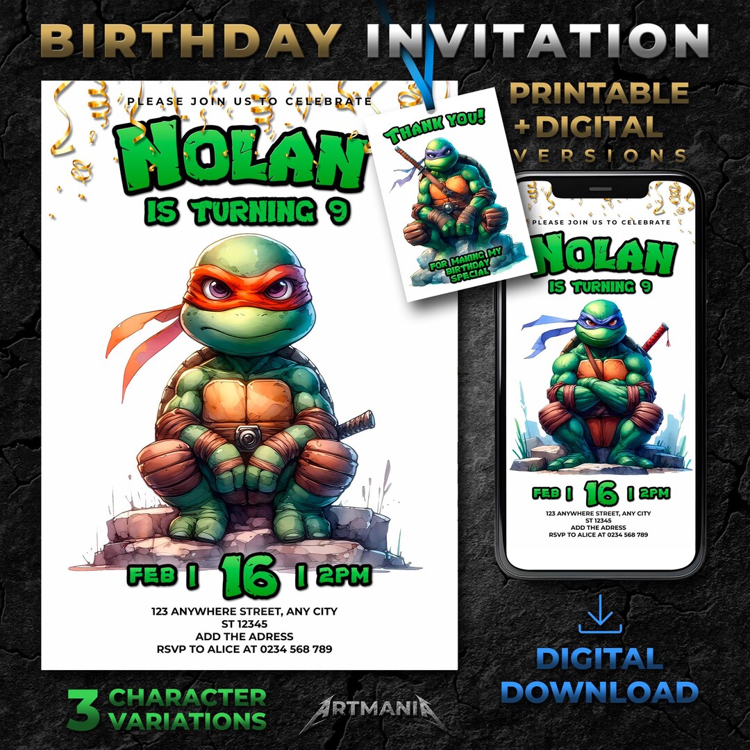 Editable Turtle Birthday Invitation. Custom Turtles Birthday Template ...