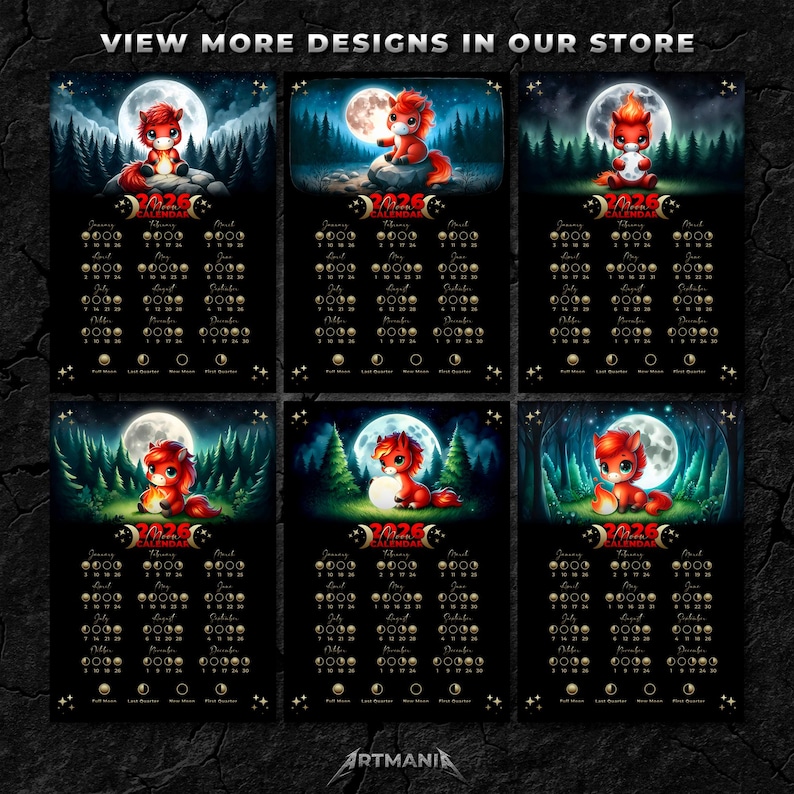 Year of Red Fire Horse Calendar 2026 Printable Watercolor Moon Phases ...