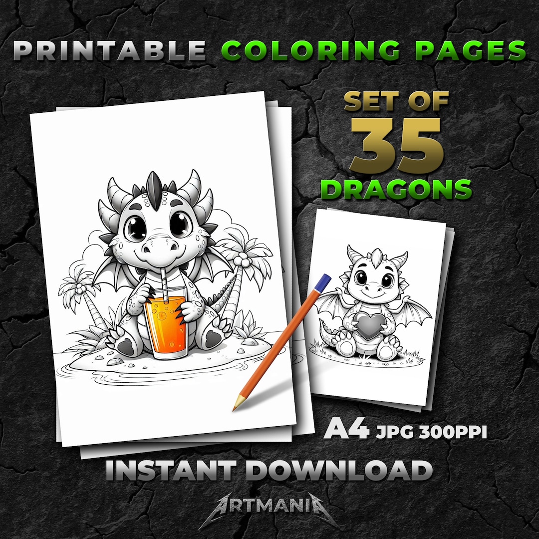 35 Dragons. Printable Coloring Pages With Dragons. Set of 35 Dragons ...