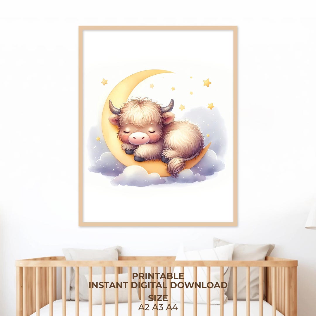 Cute Cartoon Highland Cow Sleeping on the Moon. Nursery Wall Art ...