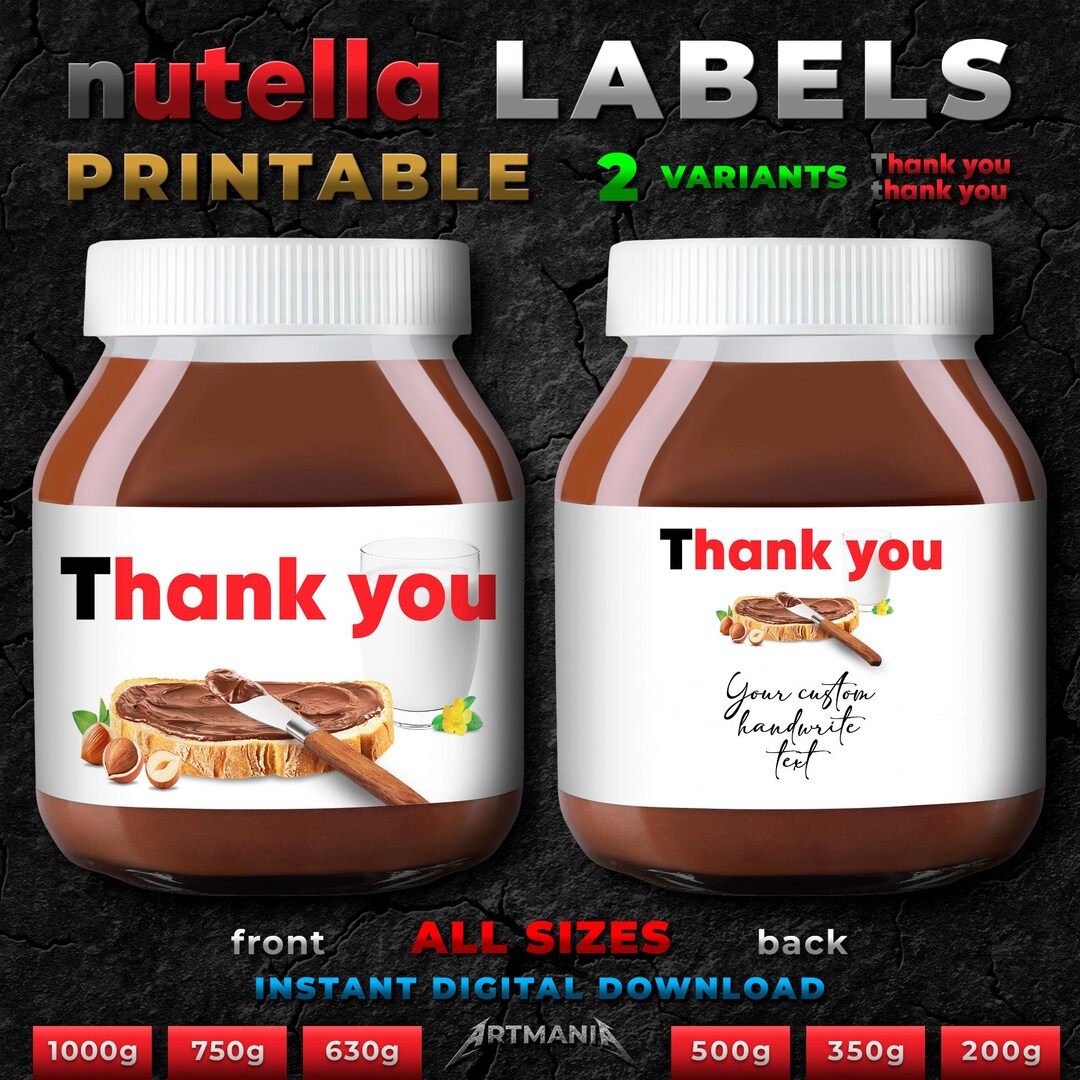 Printable Nutella Jar Labels: Custom Thank You Stickers (digital ...