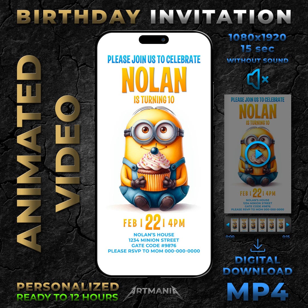 Personalized Minion Animated Video Kids Birthday Party Invitation ...