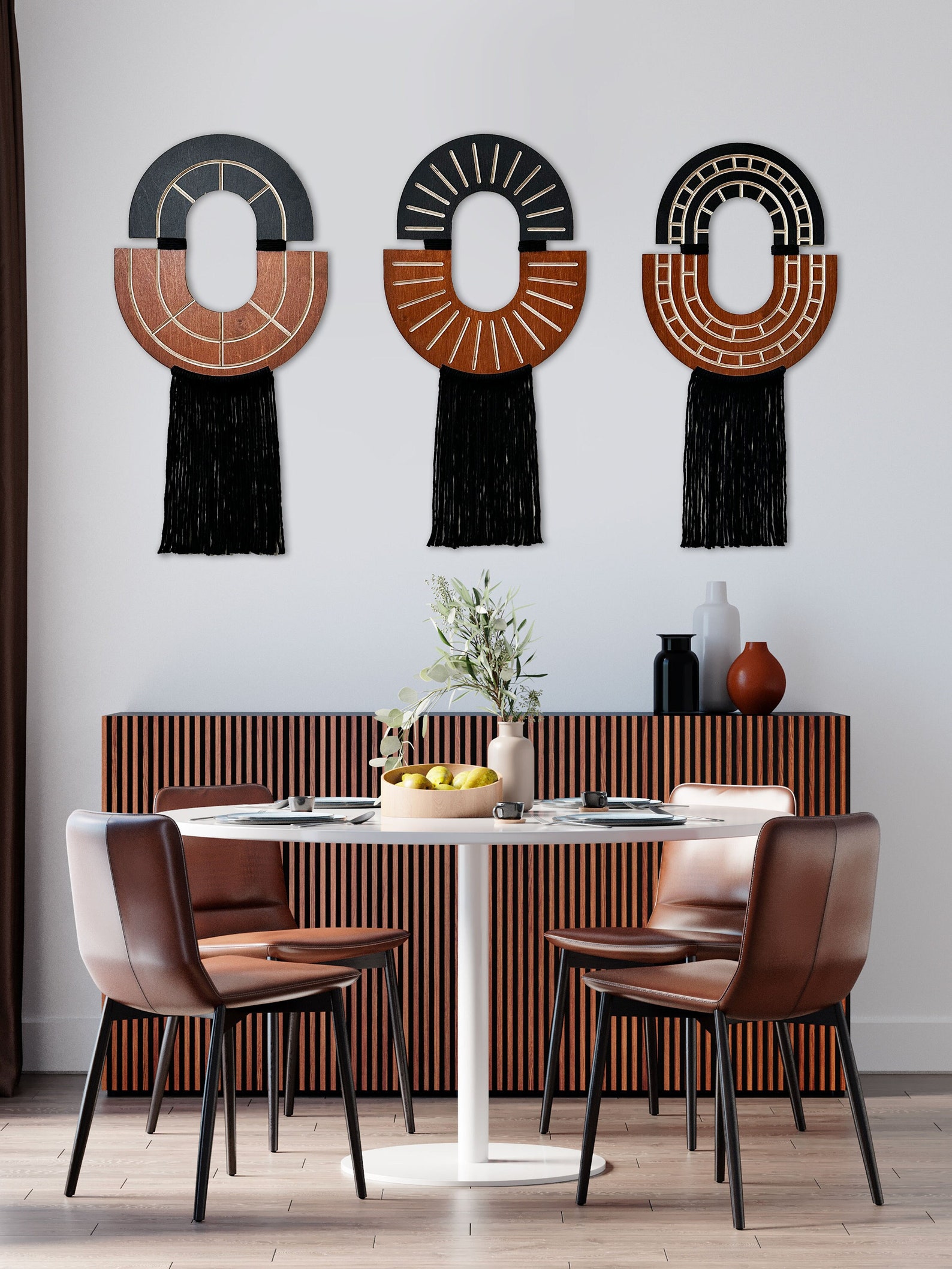 Carved Ethnic Wall Hanging Set, Bohemian Wall Art, Macrame Wall Hanging ...