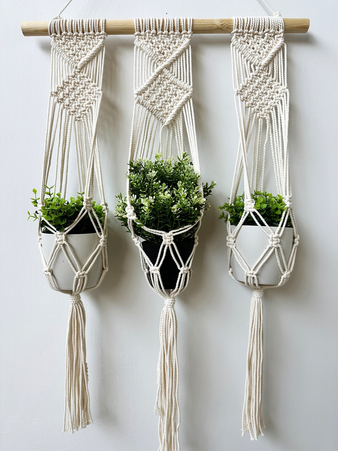 Boho Macrame Plant Hanger: Triple Hanging Planter, Wooden Dowel - Etsy