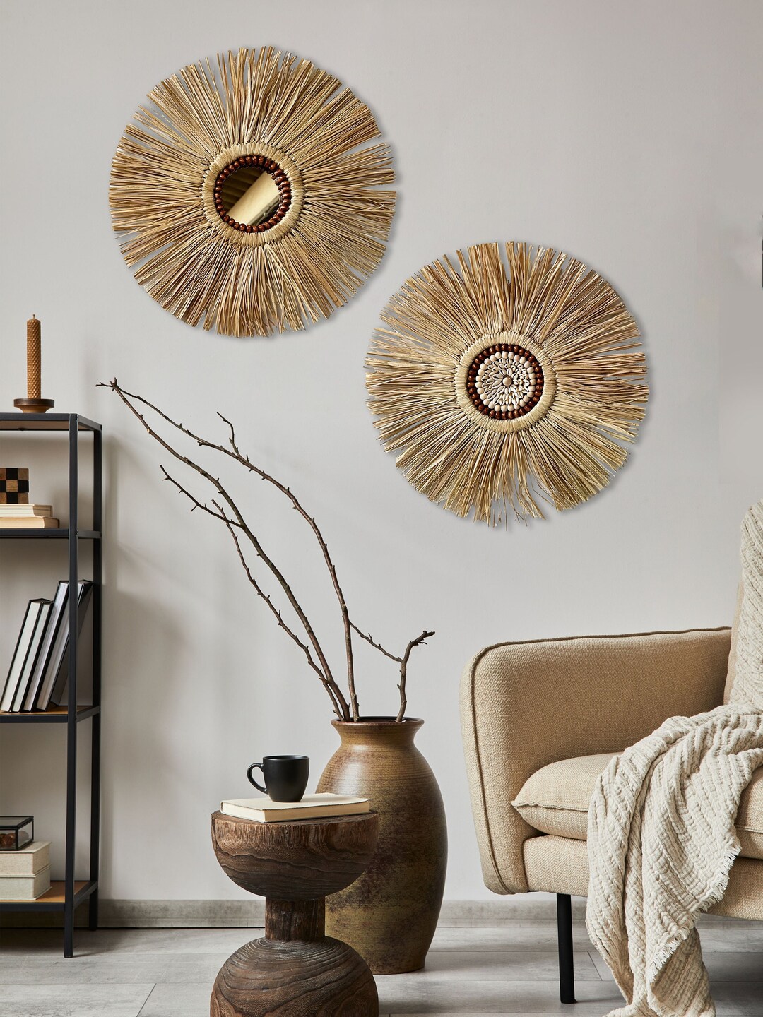 Natural Raffia Mirror Wall Hanging Set, Boho Mirror Decor , Bohemian Art,home Decor, Raffia Wall ...