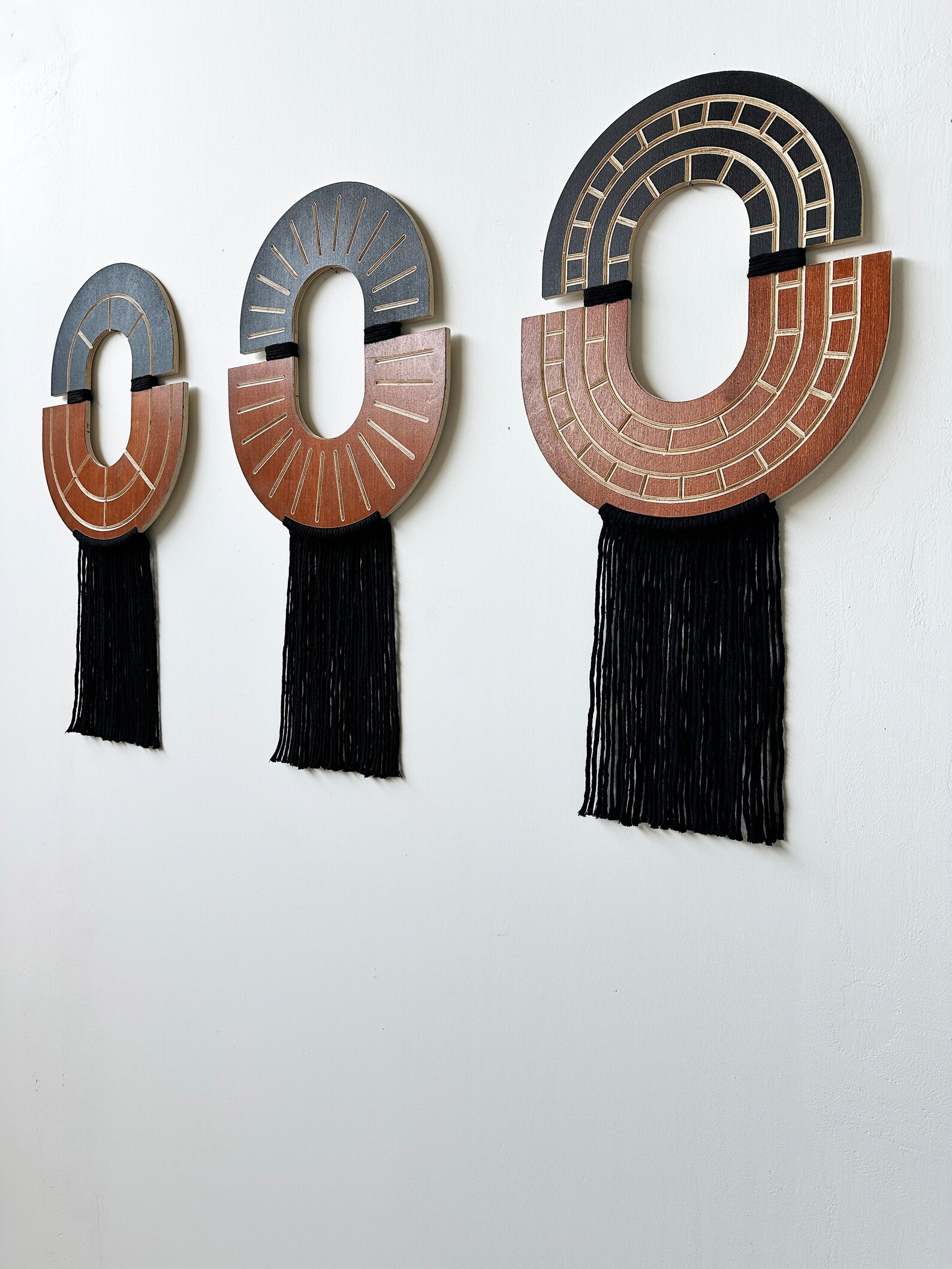 Carved Ethnic Wall Hanging Set, Bohemian Wall Art, Macrame Wall Hanging ...
