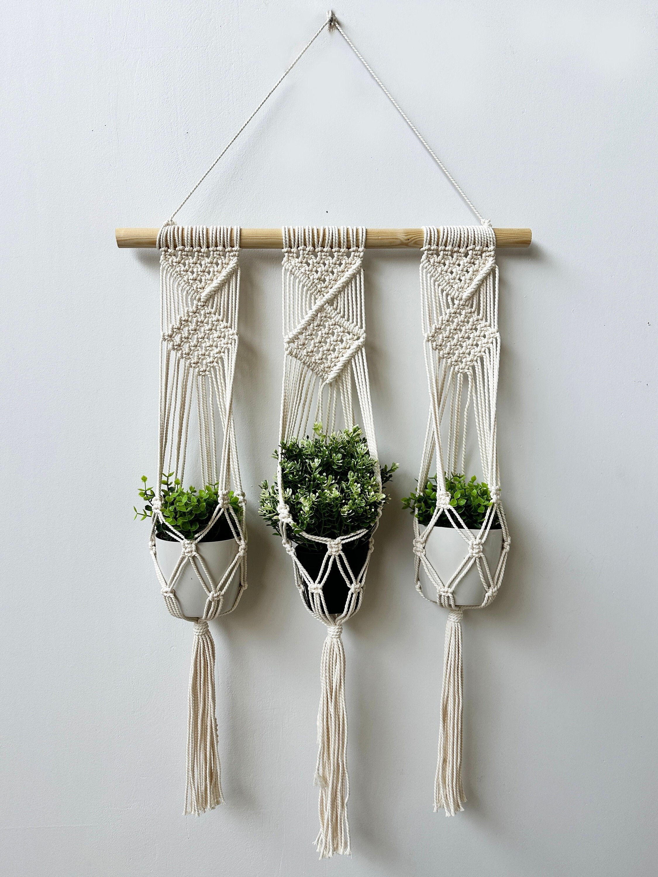 Boho Macrame Plant Hanger: Triple Hanging Planter, Wooden Dowel - Etsy