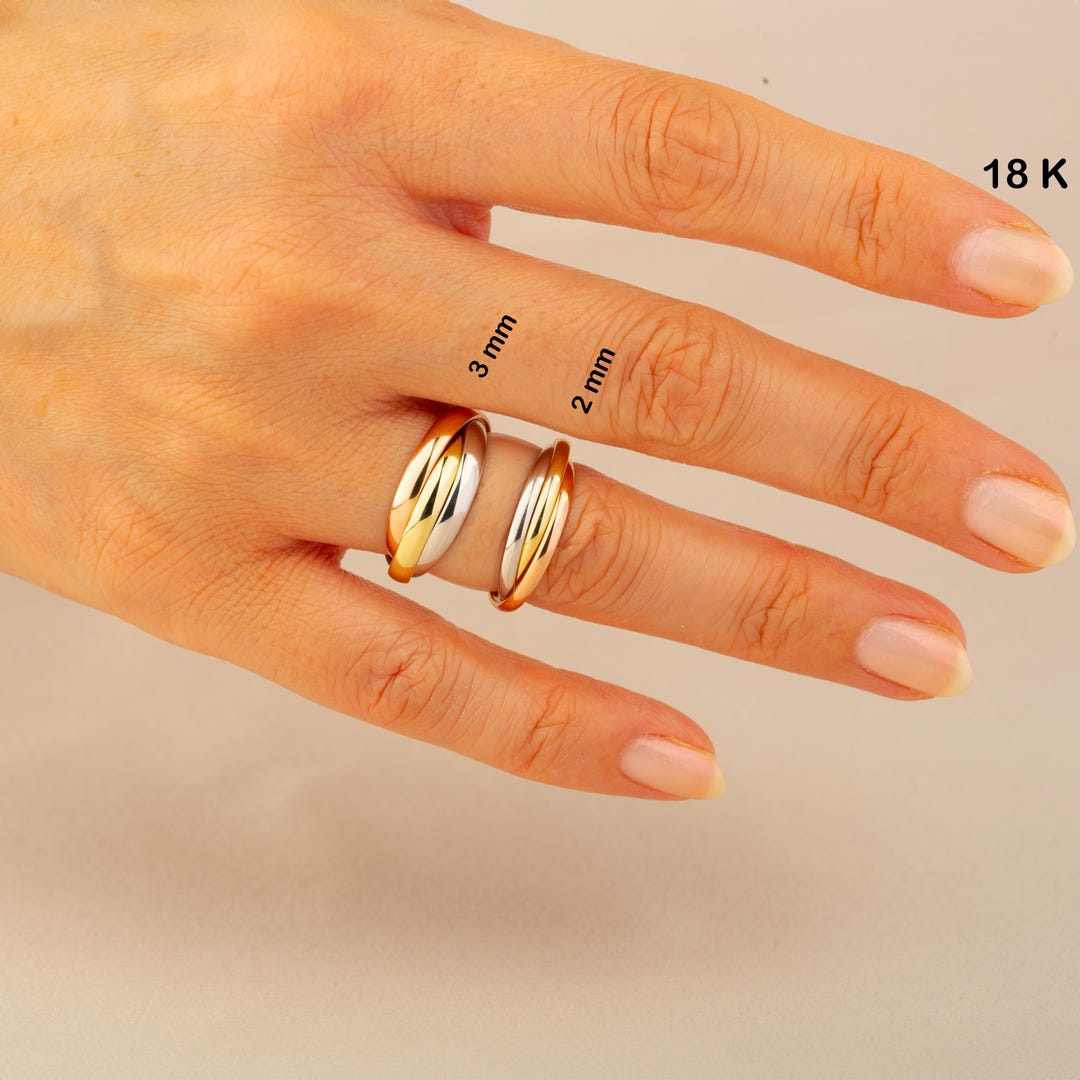18K Solid Gold Triple Ring - Gold Rolling Ring - Gold Interlocking Triple Band - Three Band ...