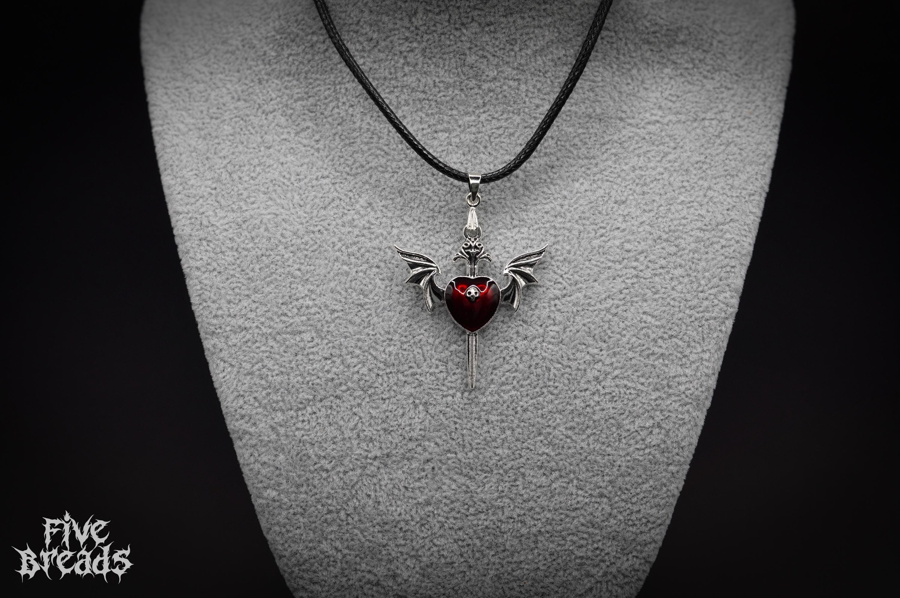Silver Winged Sword With Red Heart Pendant Corder Necklace Gothic Style ...