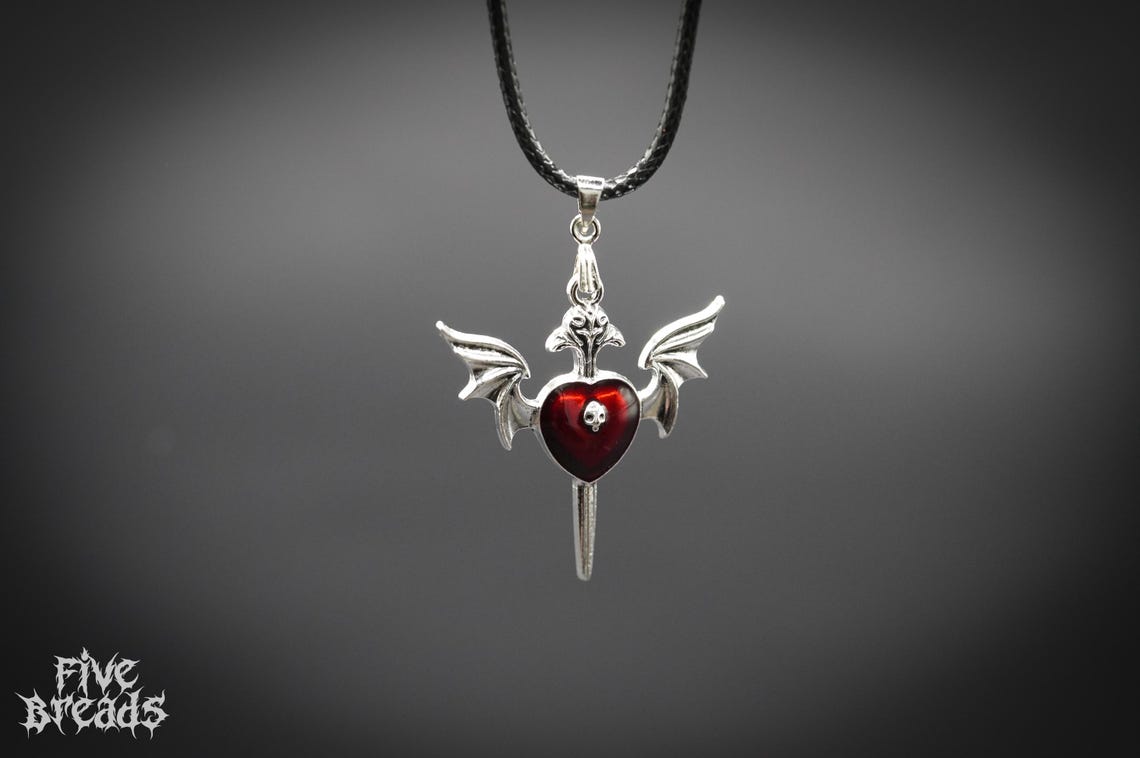 Silver Winged Sword With Red Heart Pendant Corder Necklace Gothic Style ...